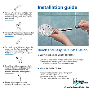 Comfort Express 8 Settings Hand held Shower Head with Hose, High Pressure Shower Head with Adjustable Shower Arm Bracket, Teflon Tap & 59.1in Shower Hose- Durable Showerhead Handheld Polished Chrome