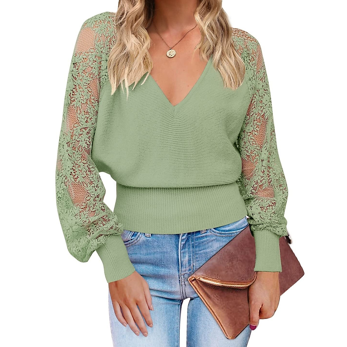 MEROKEETY 2024 Long Sleeve V Neck Lace Sweaters for Women Casual Ribbed Knit Pullover Tops Green