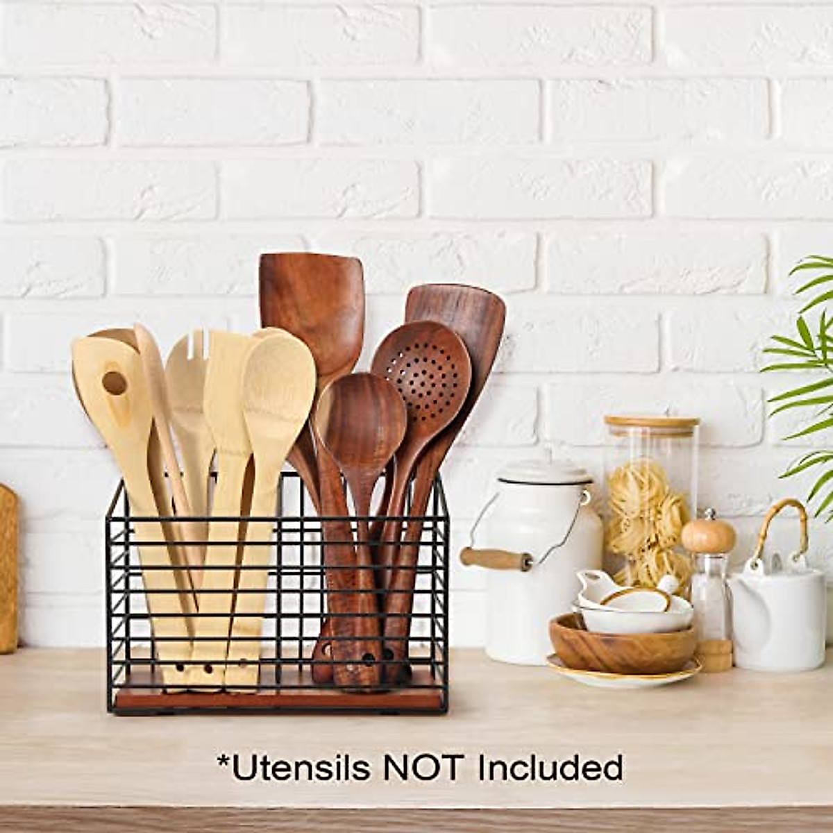THYGIFTREE Kitchen Utensil Holder for Counter Large Black Metal Cooking Utensil Organizer for Countertop Utensil Crock with Wooden Base Spatula Holder Modern Farmhouse Utensil Caddy