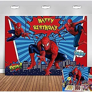 Red Spider Web Blue Stripe Photography Backdrop 7x5ft Vinyl Super Cityscape Photo Background Baby Boys Girls Happy Birthday Supplies Superhero Party Banner Cake Table Decorations Photo Booths