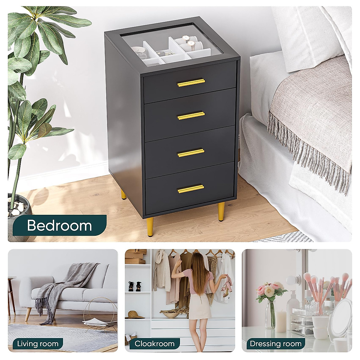 Semiocthome White Chest of 4 Drawers with Glasstop and Velvet Lining, Vanity Desk Side Cabinet for Jewelry Display, Tall Nightstand for Bedroom, Storage Cabinets Jewelry Storage Drawer for Women