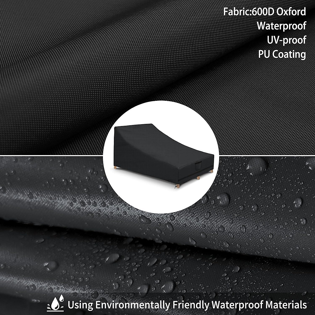 COSHNIBI Double Chaise Lounge Cover,600D Outdoor Waterproof Patio Double Wide Chaise Lounge Chair Cover, for 82 L x 59 W x 32 H Double Recliner, Black