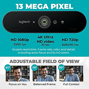 Logitech Brio 4K HD Webcam [Latest Version] with Microphone for Desktop with Tripod & Universal Mount -Logitech Webcam USB Computer Camera -Ultra Pro Wide Angle Webcam Streaming Equipment for Meetings