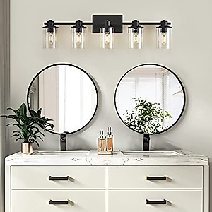 XGFOURSEVEN 5-Light Modern Bathroom Vanity Lights,Industrial Matte Black Bathroom Light Fixtures with Clear Glass, Vanity Lights Fixture for Bathroom, Living Room, Mirror,Hallway