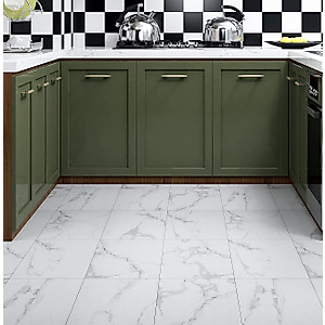 Livelynine Carrara Marble Peel and Stick Floor Tile Bathroom Waterproof Floor Tiles White Marble Vinyl Flooring Sheet Sticky Laminate Flooring Kitchen Renter Friendly Linoleum Stickers 12x12 4-Pack