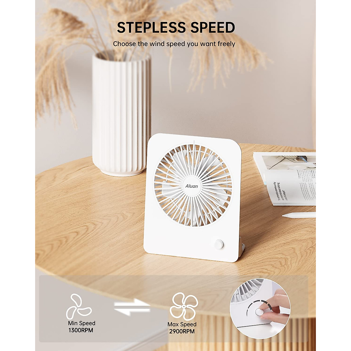 Aluan Desk Fan Small Quiet Portable Desktop Fan 4800mAh Rechargeable Battery Operated 180° Foldable Stand Personal Table Fan Strong Wind Stepless Speed Cooling USB Fan for Home Office Travel, White