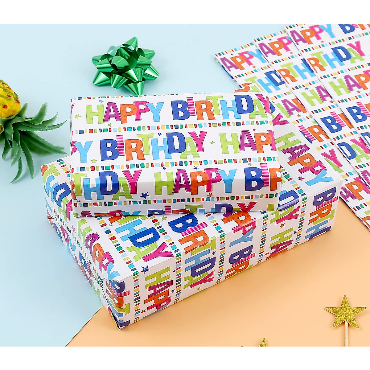 U'COVER Happy Birthday Wrapping Paper for Girls Kids Boys 3 Large Sheet with Cut Line Gift Wrapping Paper for Women Men Baby Shower Holiday Birthday Gift Wrap Paper Folded Flat 27 x 39.4inch