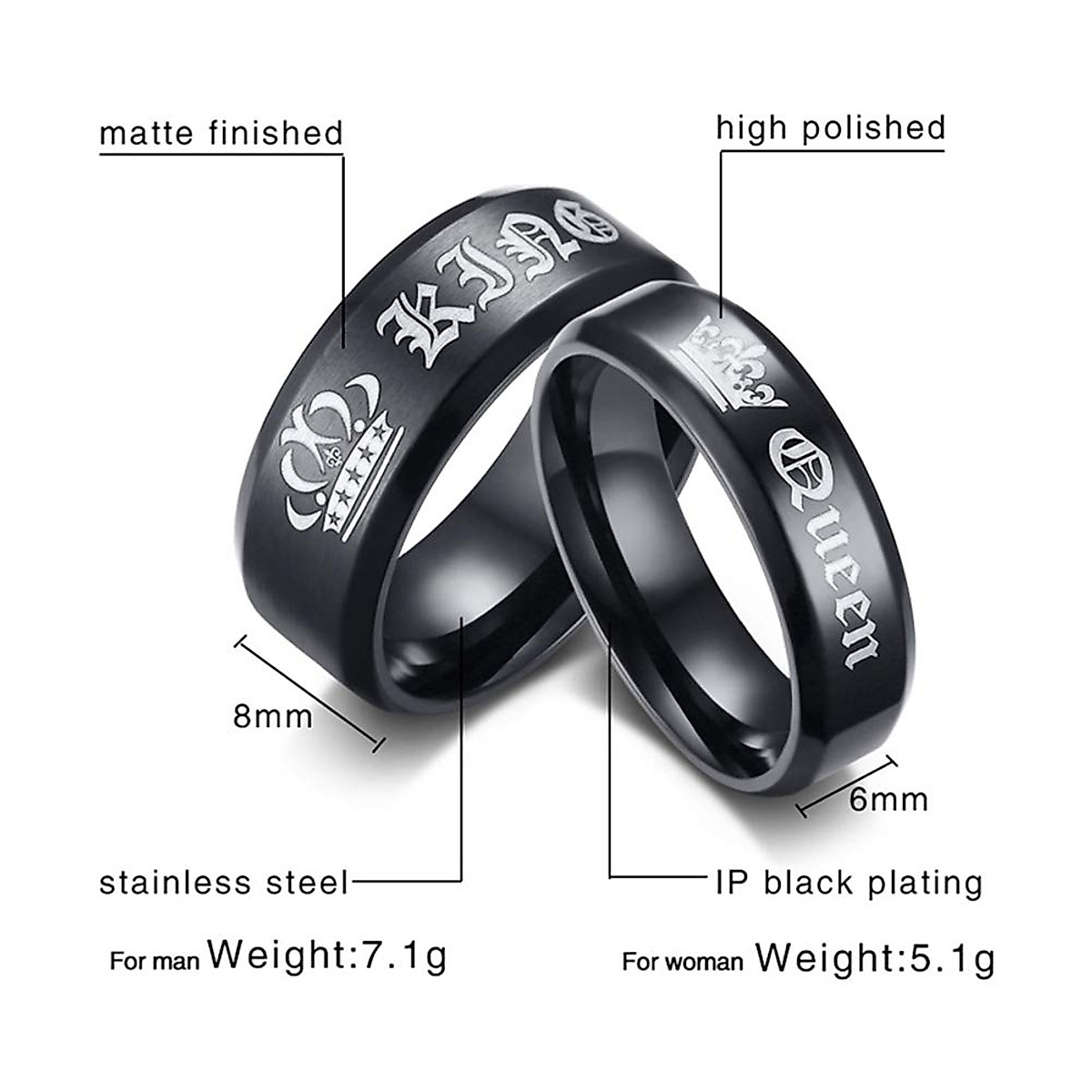 Stainless Steel His Queen Ring Bands for Her Promise Black,Gold,Size 7