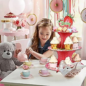Strawberry Cupcake Stand - Berry Sweet Birthday Party Decorations, 3 Tier Round Strawberry Themed Dessert Tower Stand, Cupcake Holder Stand for Sweet One Birthday Party Decorations