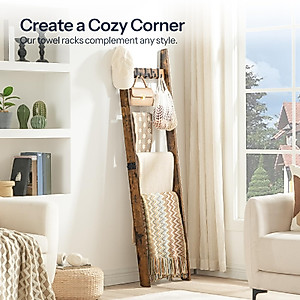 HOOBRO Wooden Blanket Ladder Shelf for Living Room, 5.2FT(63''), 5-Tier Towel Rack with Hooks, Farmhouse Decorative Blanket Rack Holder, Bathroom, Bedroom, Rustic Brown and Black FG161CJ01G1