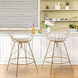 Aklaus 26" Sherpa Boucle Bar Stools Set of 2 Swivel Counter Height Bar Stools with Round Seat,Gold Bar Stools with Backs,Modern Teddy White Barstools,Kitchen Island Dining Bar Stools Chairs