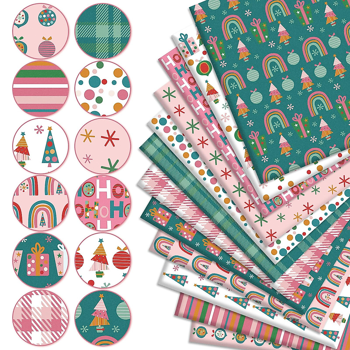 Whaline 12Pcs Christmas Cotton Fabric Bundles Xmas Tree Snowflake Gift Box Fat Quarters Pink Green Checkered Printed Sewing Fabrics for DIY Handmade Crafting, 18 x 22 Inch