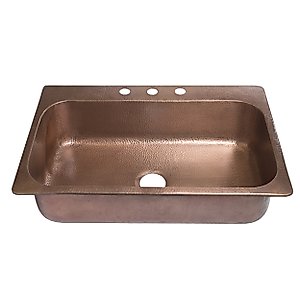 Sinkology SK101-33AC Angelico Drop-In 33-inch 3-Hole Single Bowl Copper Kitchen Sink