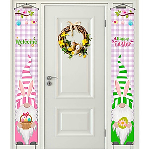 Rainlemon Welcome Happy Easter Gnome Porch Banner Buffalo Check Plaid Stripes Front Door Sign Decoration