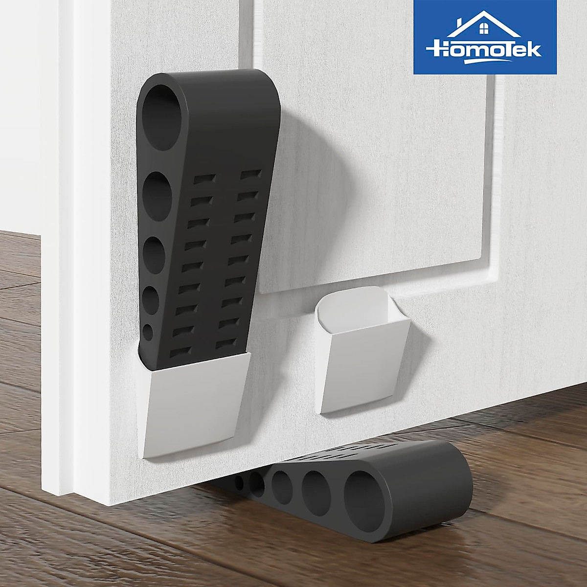 HOMOTEK 2 Pack Wedge Rubber Door Stops Door Chucks Stoppers Wall Protector for Floor & Bottom of Door with Self Adhesive White Holder, 5"x1-9/16"x1-5/16" (Black)