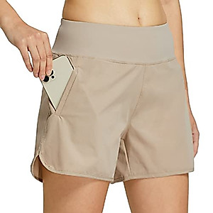 Willit Womens 4" Running Hiking Shorts Athletic Active Shorts with Liner Quick Dry Sports Shorts Zipper Pocket Khaki L