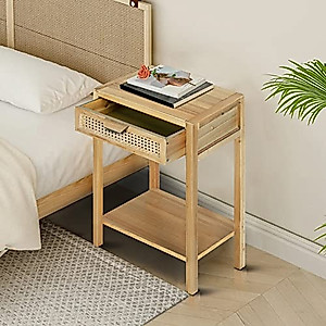 Polar Aurora Nightstand, End Table with Woven Pattern Drawer and Open Storage Shelf, Bedside Furniture, Side Table for Bedroom, Easy Assembly, Natural Walnut