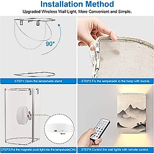 CAKOJV188 Battery Operated Wall Sconces Wireless Wall Lamp Fixtures Chinese Landscape Ink Painting Dimmable Wall Lights for Bedroom Living Room Hallway Set of 2