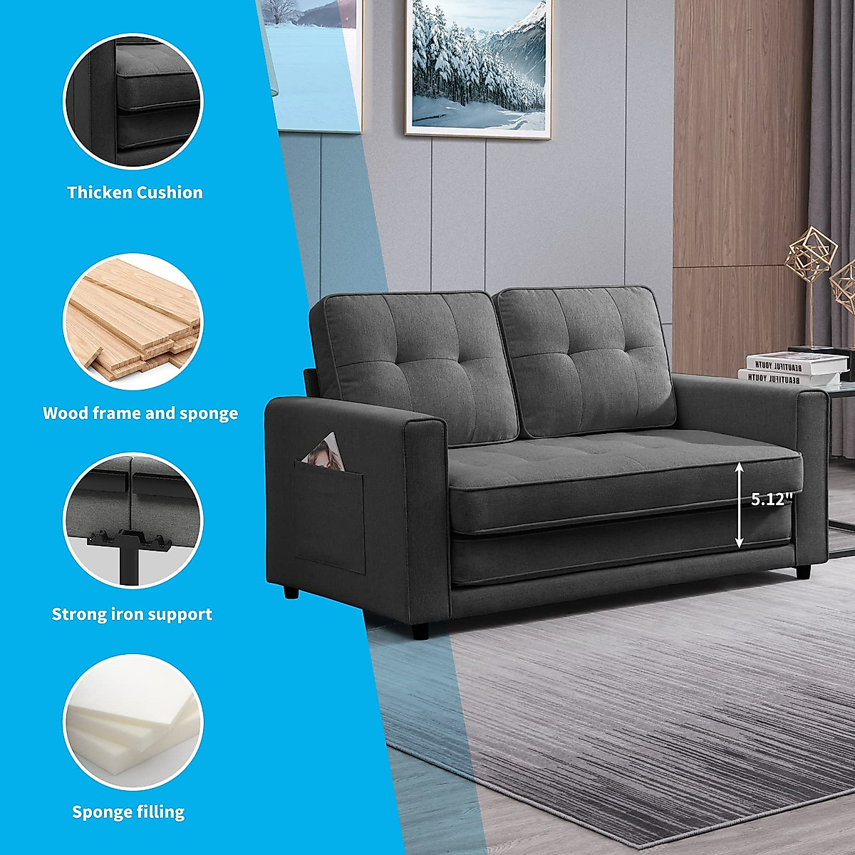 Mjkone Pull Out Sofa Bed, 3-in-1 Loveseat Sleeper Sofa Bed with 2 Side Pockets, 5.5" Tri-Fold Multi-Function Floor Gaming Sofa Bed, Fold Out Sofa Couches for Living Room/Bedroom/Office - Dark Grey
