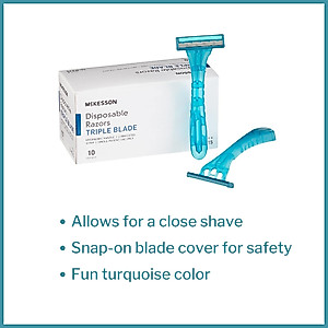 McKesson Disposable Razors, Stainless Steel Triple Blade, Lubricated Strip, Ergonomic Handle, Turquoise, 10 Count, 1 Pack