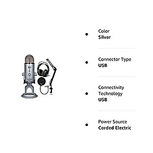 Blue Microphone Yeti USB (Silver) Bundle with TX-100 Headphones, Boom Arm and Pop Filter (4 Items) Microphones