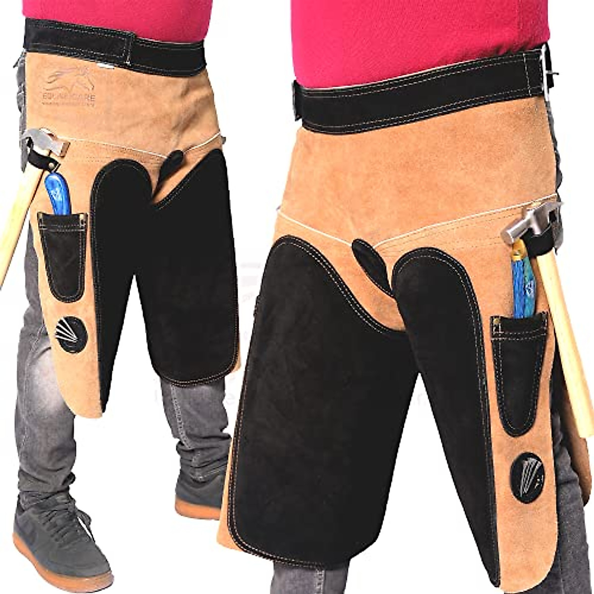 Equine Care Farrier Apron 2 Knife Pocket, 2 Nail Magnet & 2 Hammer Loop Horse Shoeing Leather Chaps 25 Inches- 63CM