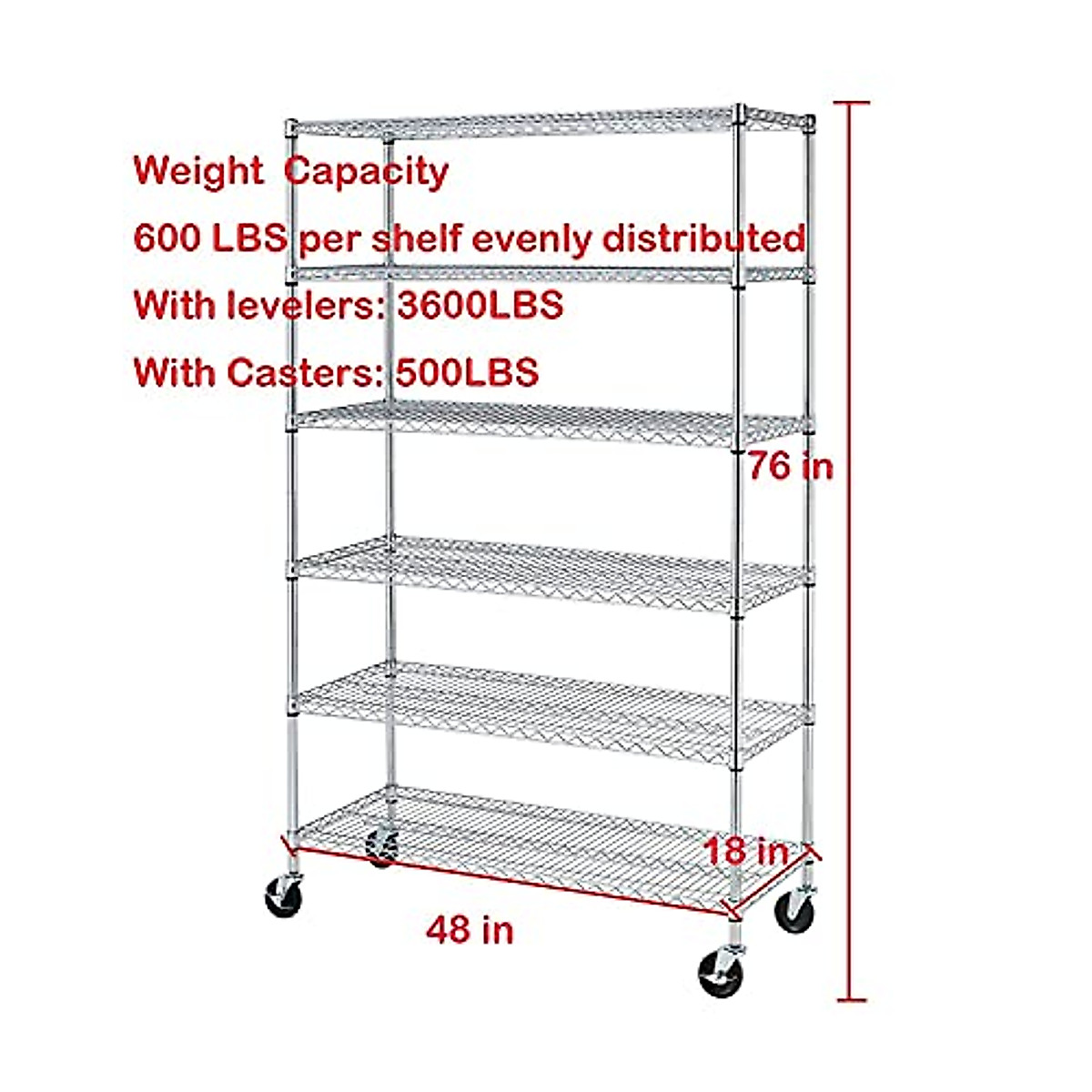 6 Tier Wire Shelving Unit Rack NSF Heavy Duty Height Adjustable Storage Shelf Metal Shelving with Wheels/Feet Levelers Garage Rack Kitchen Rack Office Rack Commercial Shelving - Chrome - 48x18x76