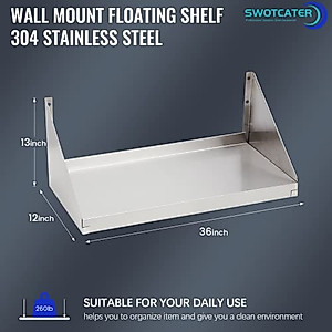 SWOTCATER Stainless Steel Shelf 12"x36" 260LB, Commercial Wall Mounted Floating Shelving for Home Kitchen, Restaurant