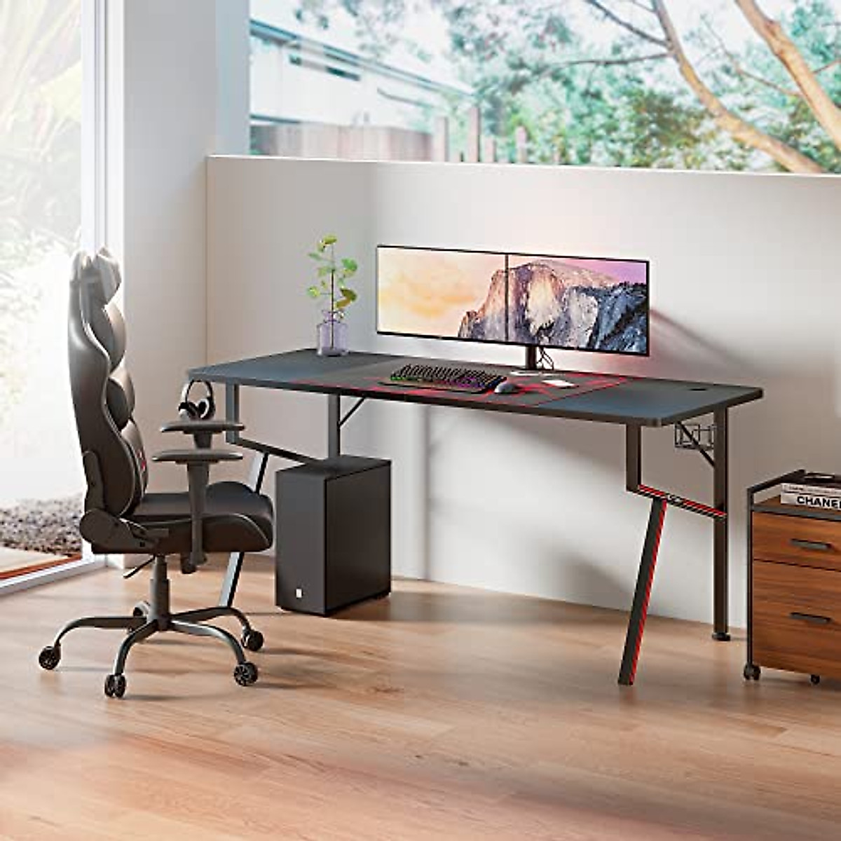 DESIGNA Gaming Computer Desk 63 inch, Large Home Office Study Writing Computer Desk, K-Frame Gaming Table with Handle Rack Cup Holder Headphone Hook Mouse Pad & Socket Box, Black