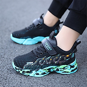 BTKSDAS Boys Sneakers Fashion Non Slip Boys Running Shoes Tennis Athletic Gym Sports Walking Sneakers for Boys Girls Black/Green Size 4 Big Kid