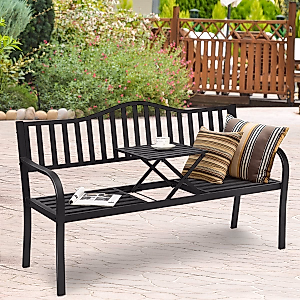 Giantex Patio Bench w/Pullout Middle Table, Outdoor Benches, Garden Bench, Front Porch Bench, Pool Deck Bench, Loveseat Chair, Patio Seating for 2-3 Person, Metal Benches for Outside (Black)