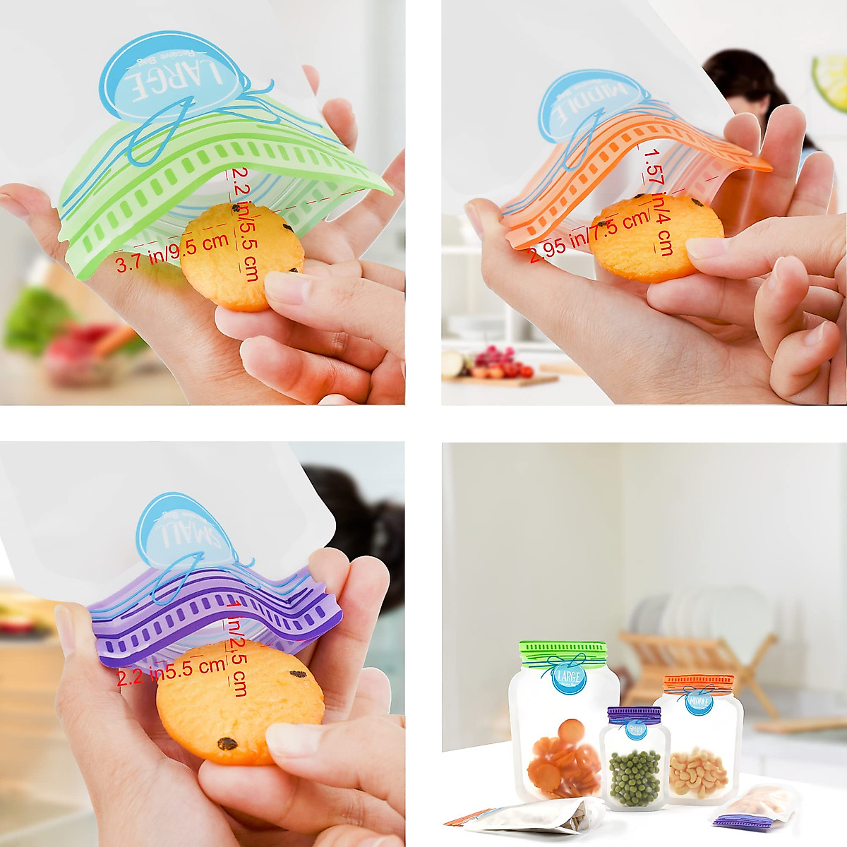 Enkrio 30 Pcs Mason Jar Zipper Bags Reusable Snack Bags Airtight Seal Bags for Kitchen Picnic (5S 10M 15L)