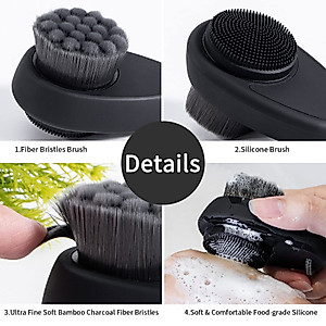Beomeen Facial Cleansing Brush 2 in 1 for Face Exfoliation, Soft Bamboo Charcoal Microfiber Bristle for Pore Deep Cleansing, Dual Face Silicone Scrubber Brush for Skincare with Lid, Black