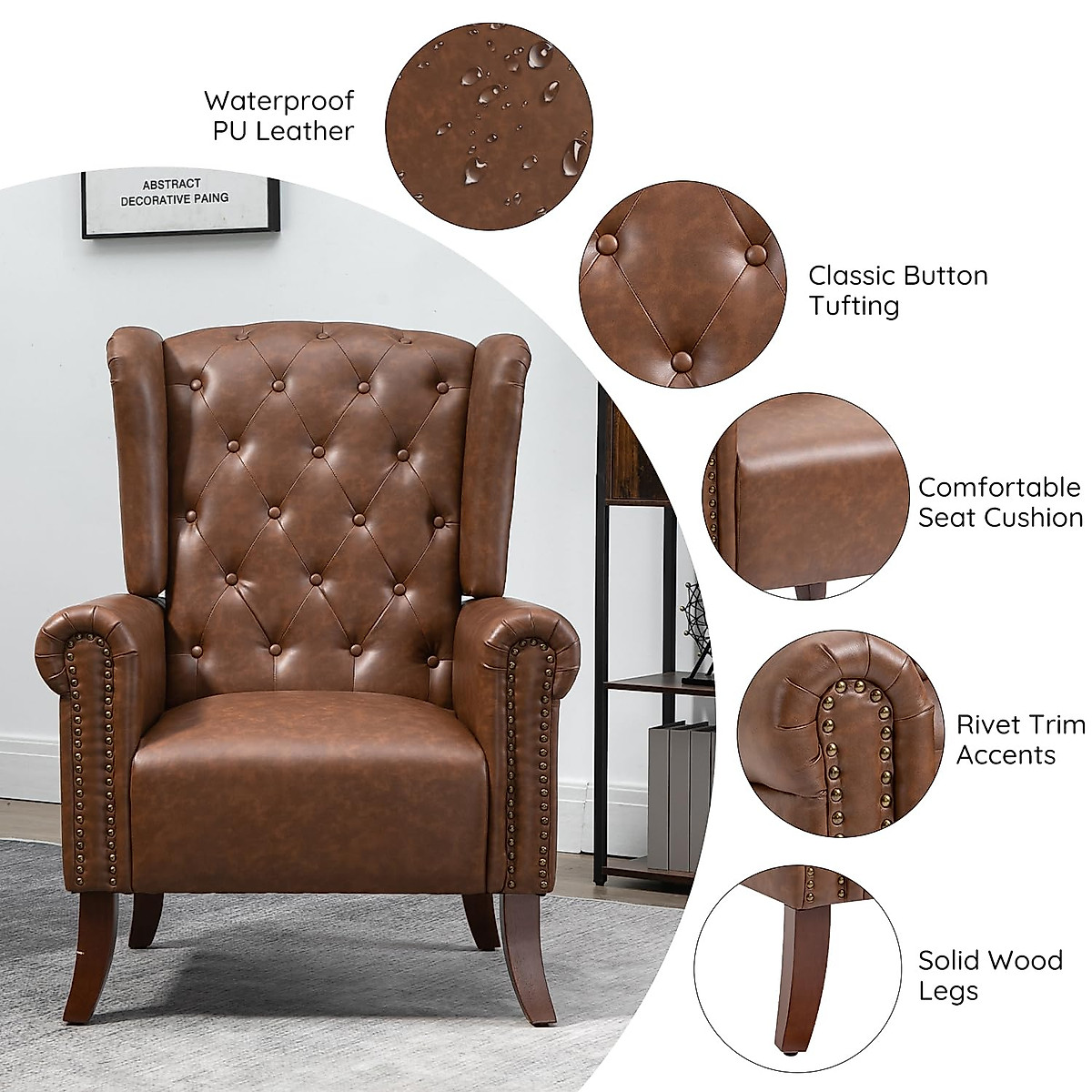 MOJAY Mid-Century PU Leather Accent Chair, Living Room Lounge Sofa Chair with Buttons, Single Club Armchair with Rivet Trim for Bedroom Home Reception (Brown)