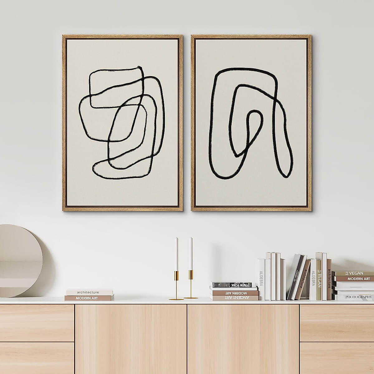 SIGNWIN Framed Wall Art Print Set Black Lines Over Tan Plain Background Abstract Swirly Cozy Neutral Modern Art Mid-Century Modern Expressive for Living Room, Bedroom, Office - 16"x24"x2 Panels