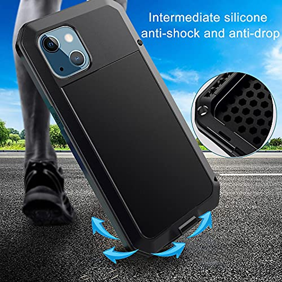 LUSTAM Heavy Duty Rugged Full Body Shockproof Dustproof Military Aluminum Silicone Bumper Protective Hard Case with Built in Screen Protector, Port Protector for iPhone 13 Mini 5.4 inch, Black