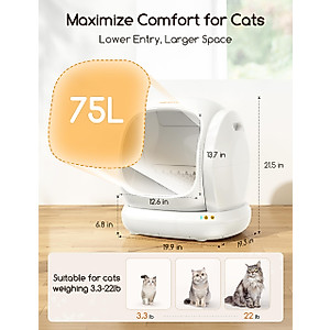 MeoWant Self-Cleaning Cat Litter Box, 75L Extra Large Open Automatic Cat Litter Box for Multi Cats, Integrated Safety Protection/APP Control/Odor Removal Smart Litter Box with Mat & Liner