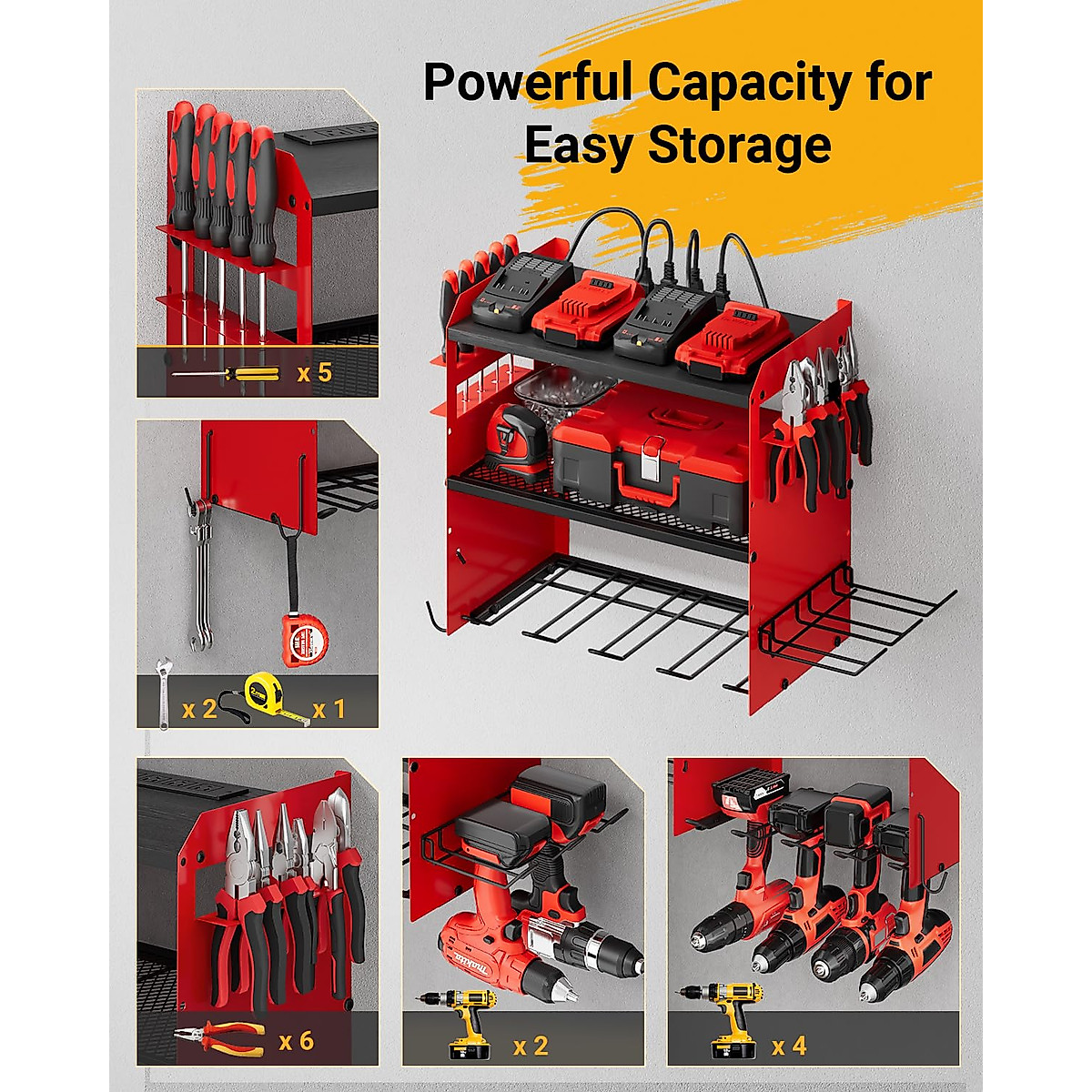 Dunatou Adjustable Power Tool Organizer Wall Mount with Charging Station, 6 Drill Holder & 4 Outlet, Wood Garage Tool Organizer Wall Mount Power Tool Rack with Hooks, Gift for Men