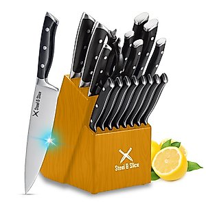 Knife Set, 19-Piece German Stainless Steel Kitchen Knife Set, Premium Knife Block Set with Knife Sharpener, Dishwasher Safe Knife Set with Block for Kitchen - 1 Year Refund Warranty