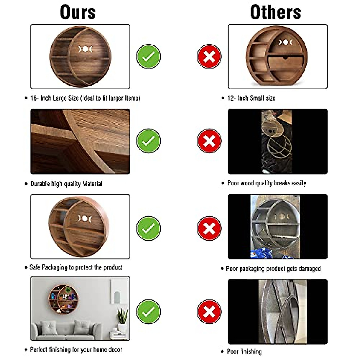 Midasfix Moon Shelf for Crystals, Large 16” Crystal Shelf Display, Essential Oil Shelf. Crescent Moon Shelf for Wall Décor