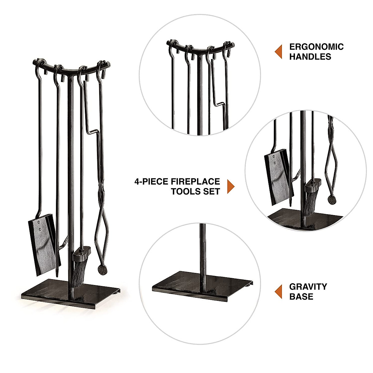2WAYZ 5-Piece Fireplace Tools Set - Modern Glossy Finish Black Fireplace Accessories - Includes Tongs, Fire Poker, Shovel, and Brush - Powder-Coated Cast Iron Fire Pit Tools for Chimney - 25x9x2-Inch