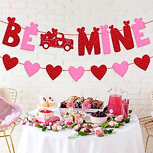 Be Mine Banner Valentine's Day Heart Theme Garland Wedding Anniversary Engagement Romantic Bridal Shower Party Glitter Red and Pink Decorations