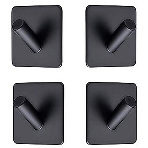 Heavy Duty Adhesive Hooks, Stick on Wall Adhesive Hangers, Strong Stainless Steel Holder, Self Adhesive Hooks for Kitchen Bathroom Home Door Towel Coat Key Robe 4 Packs Black