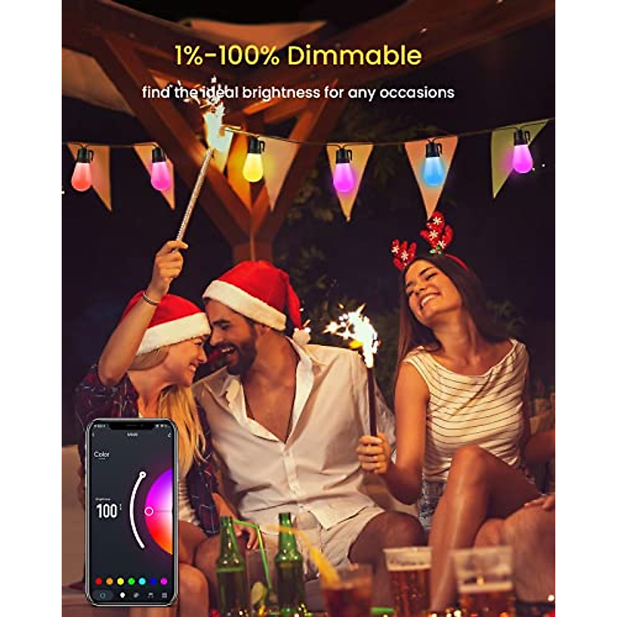 ASAHOM Smart Outdoor String Lights, 45FT Waterproof Dimmable RGB Patio Lights, 15 Shatterproof Multi-Color LED Bulbs, Voice & WiFi APP Control Lights, 30 Scene Modes, Connectable for Party Backyard