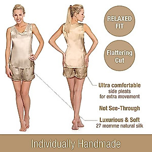 Luxury Artisan Silk Pajamas For Women Tank Set, Pure Mulberry Silk 27 Momme PJs Champagne