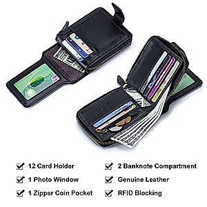 LAOSHIZI Mens Wallet with Zipper Genuine leather Black Zip Around Purse RFID Blocking Bifold ID Window With Coin Pocket