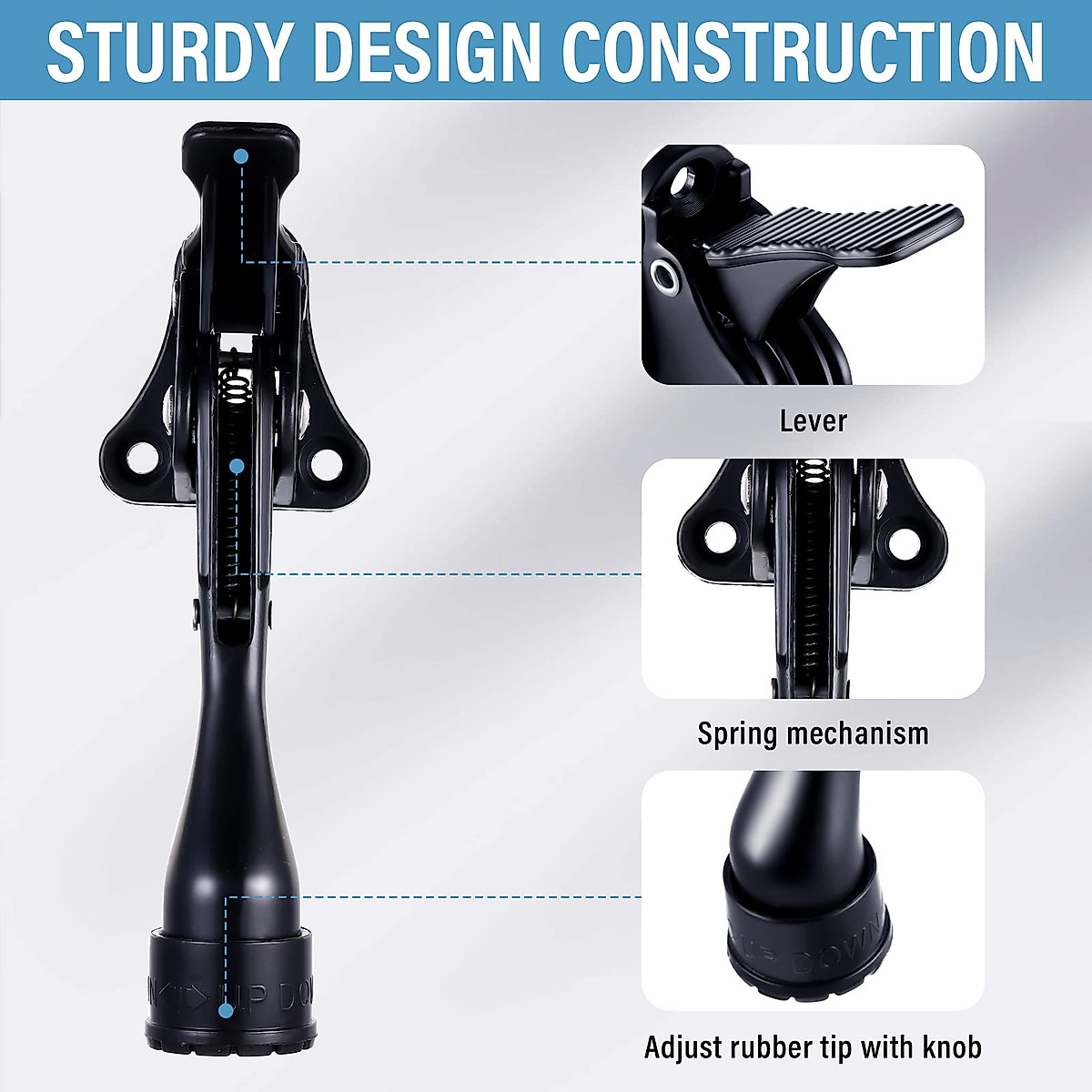 6 Pieces Heavy Duty Door Stops for Bottom of Door 6 Inch Kickdown Door Stops Black Metal Doorstop with Adjustable Rubber Tips Spring Door Stop Kick Door Stop Replacements