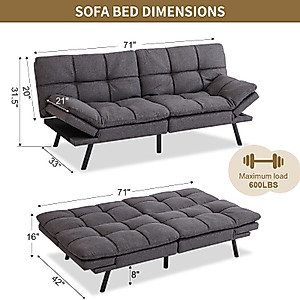 MUUEGM Futon Sofa Bed,71" Convertible Memory Foam Couch Bed for Living Spaces,Office,Apartment,Adjustable Sleeper Sofa,Linen Charcoal Grey
