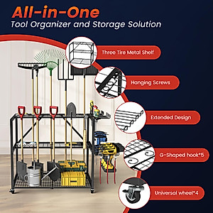 Keeswin Garden Tool Organizer with Wheels, 3 Tier Large Garage Tool Storage Organizer,Up to 50 Long-Handled Tools, 4 Drills Holder with 10 Hooks, 10 for Screwdrivers, Large (31.5''D x 25" W x 16" H)