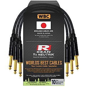 WORLDS BEST CABLES 3 Units - 9 Inch -Pedal, Effects, Patch, Guitar Instrument Cable Custom Made Made Using Mogami 2319 Wire and Neutrik-Rean NYS224BG Gold ¼ inch (6.35mm) TS Plugs